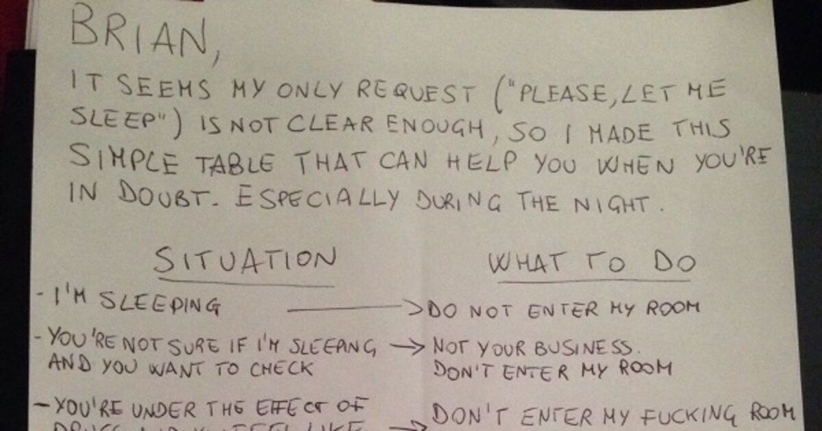 Lad writes brilliant letter to flatmate who keeps barging into his room