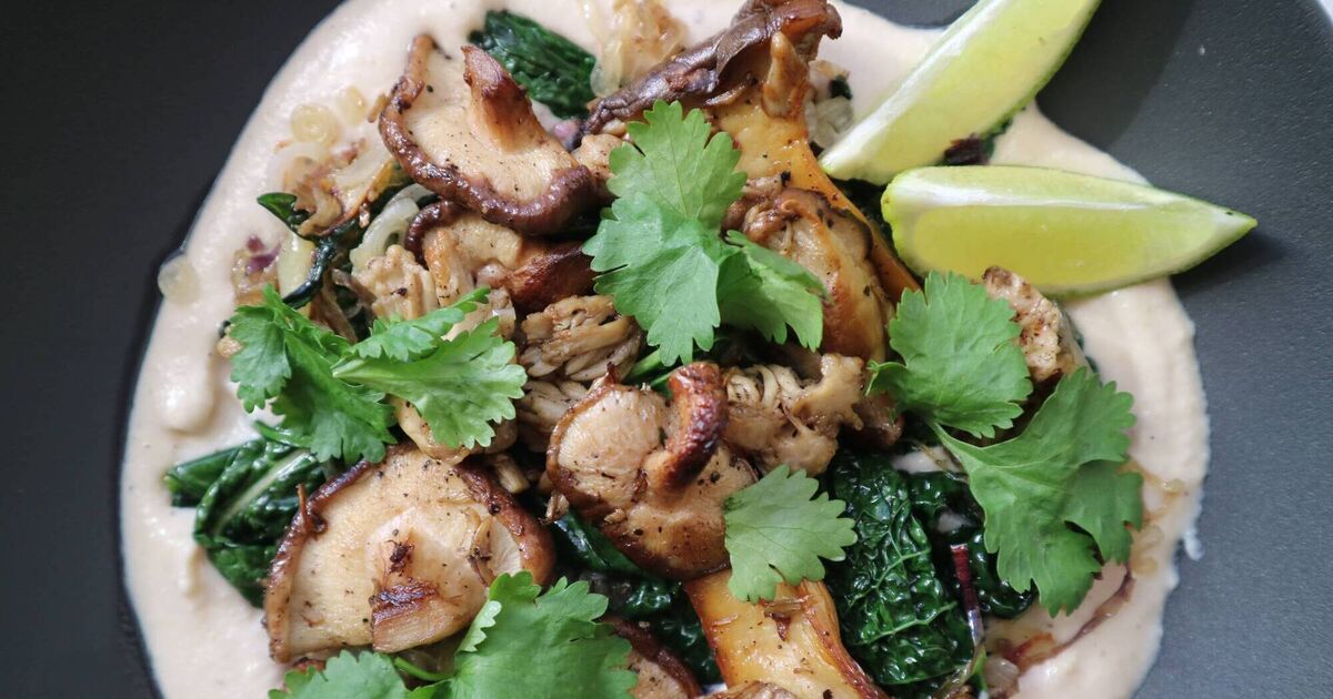 Miso cannellini bean purée with mushrooms and kale