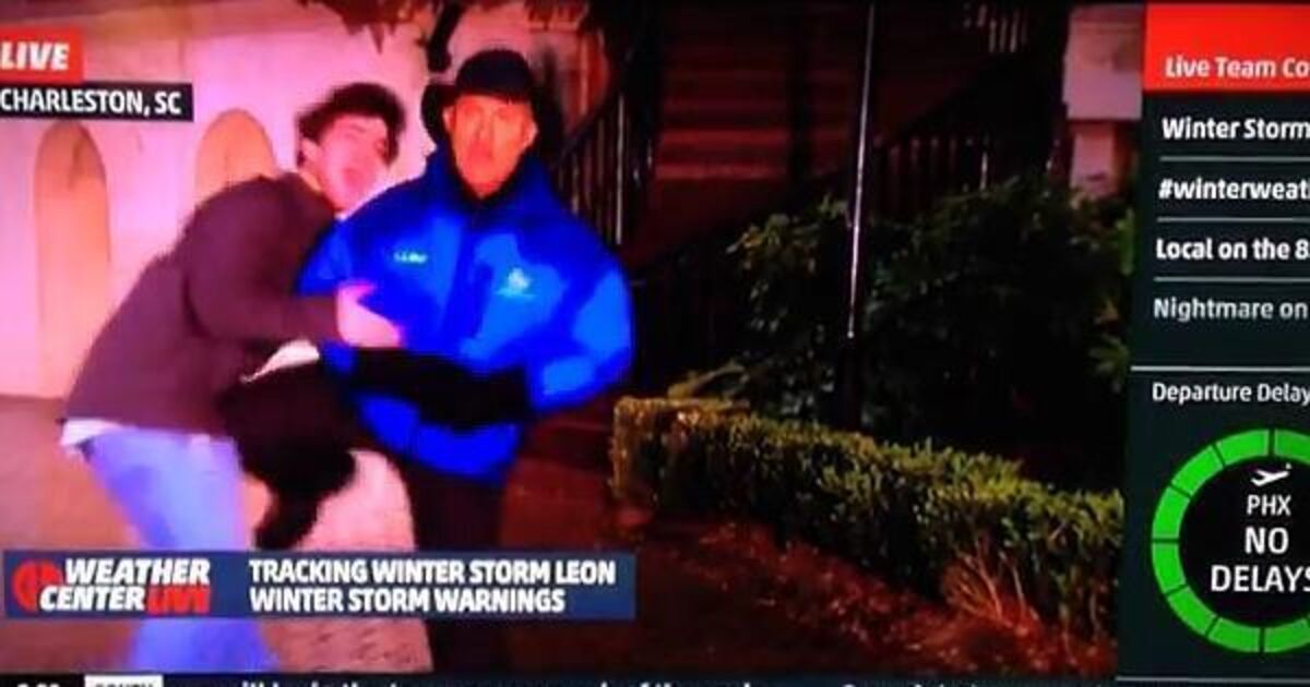 Weatherman knees college student in the groin live on air