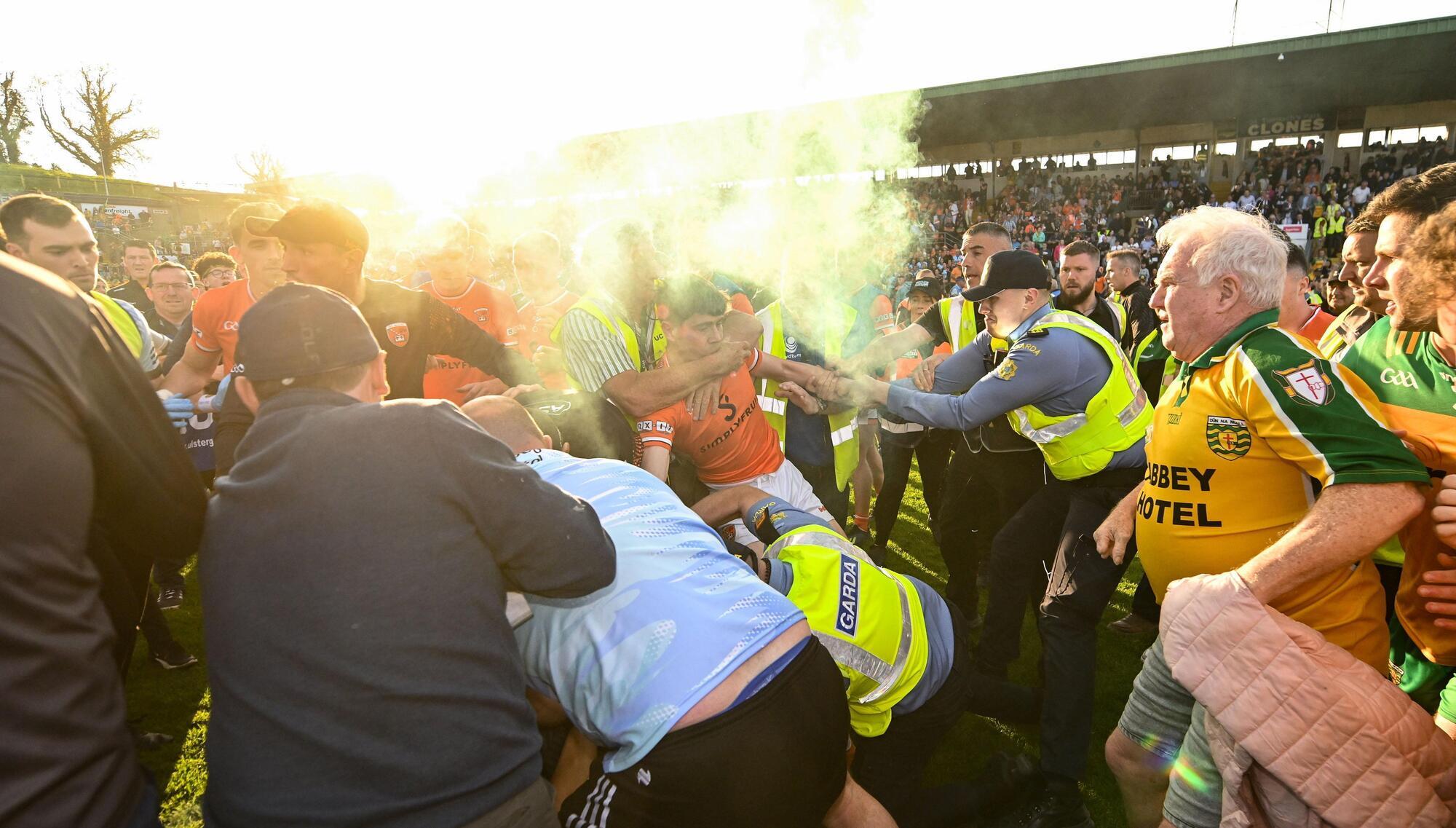 Watch: Ulster final ends in ugly scenes as Donegal and Armagh camps clash