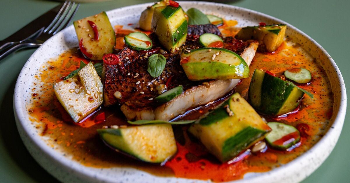 Grilled red mullet with a smashed cucumber salad